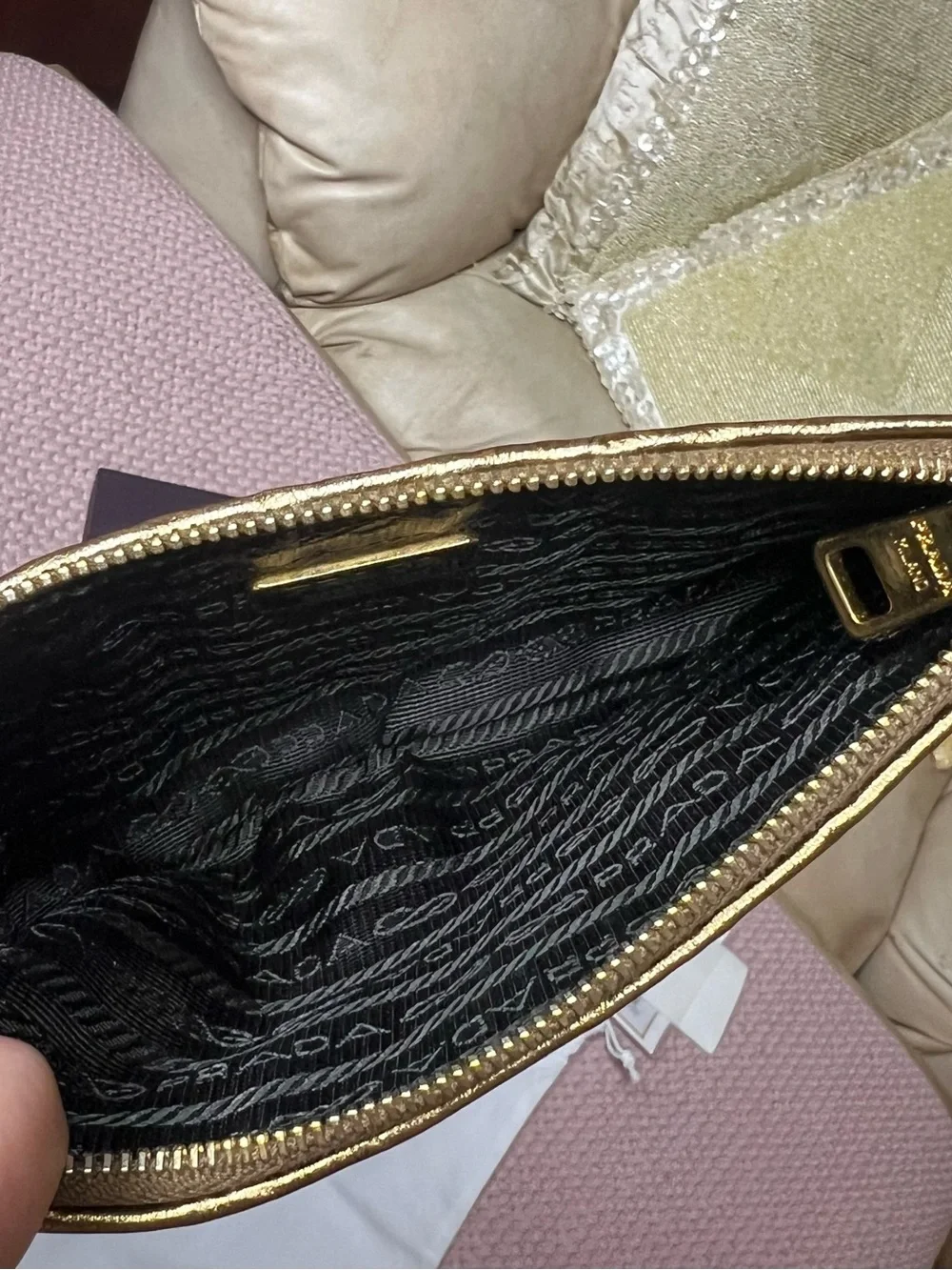 Prada | Bags | Prada Metallic Gold Ruched Leather Clutch With Box ...